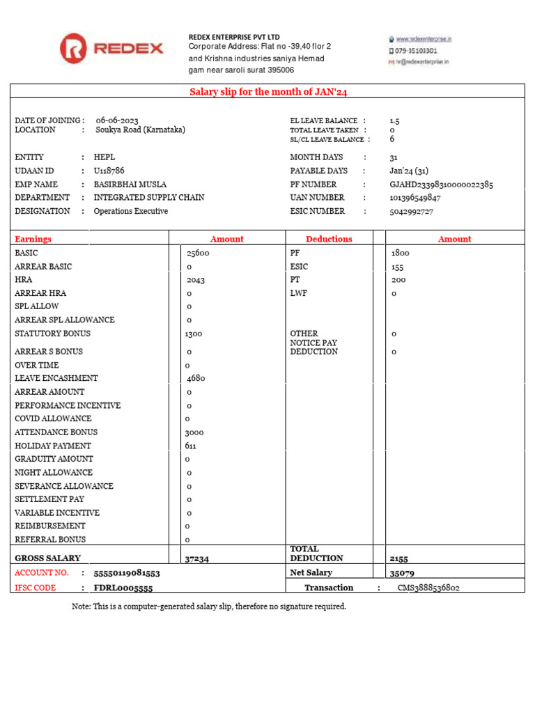 Salary Slip For The Month of JAN'24: Redex Enterprise PVT LTD | PDF ...