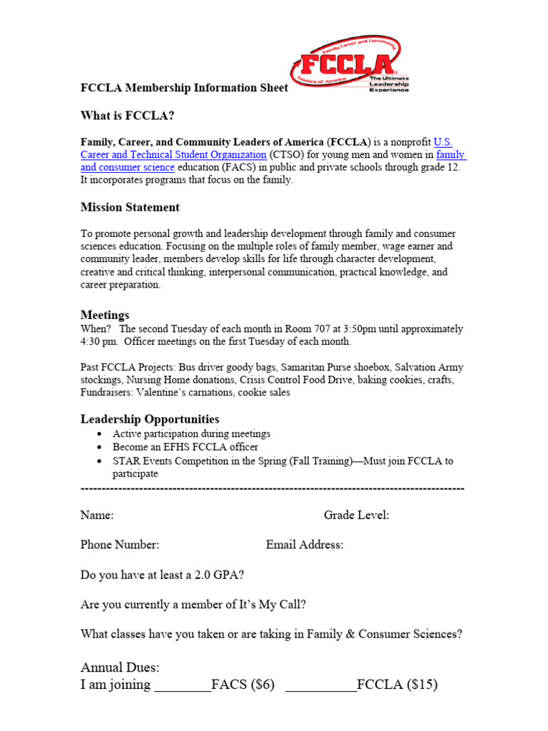FCCLA - Membership - Information - Sheet 2 | PDF | Career & Growth