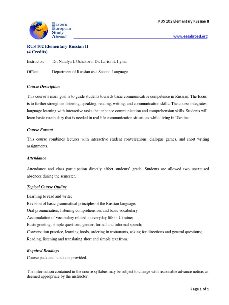 RUS 102 Elementary Russian II | PDF | Russian Language | Reading ...