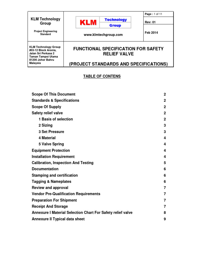Project Standard and Specifications Safety Relief Valves Rev01web | PDF ...