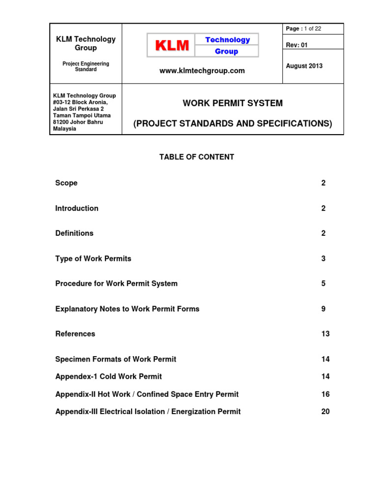 Project Standard and Specifications Work Permit System Rev01web | PDF ...