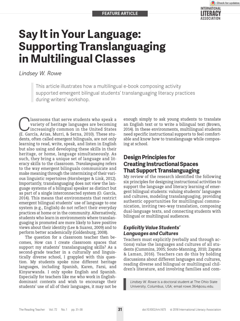 Rowe (2018) - Say It in Your Language Supporting Translanguaging in Multilingual Classes | PDF ...