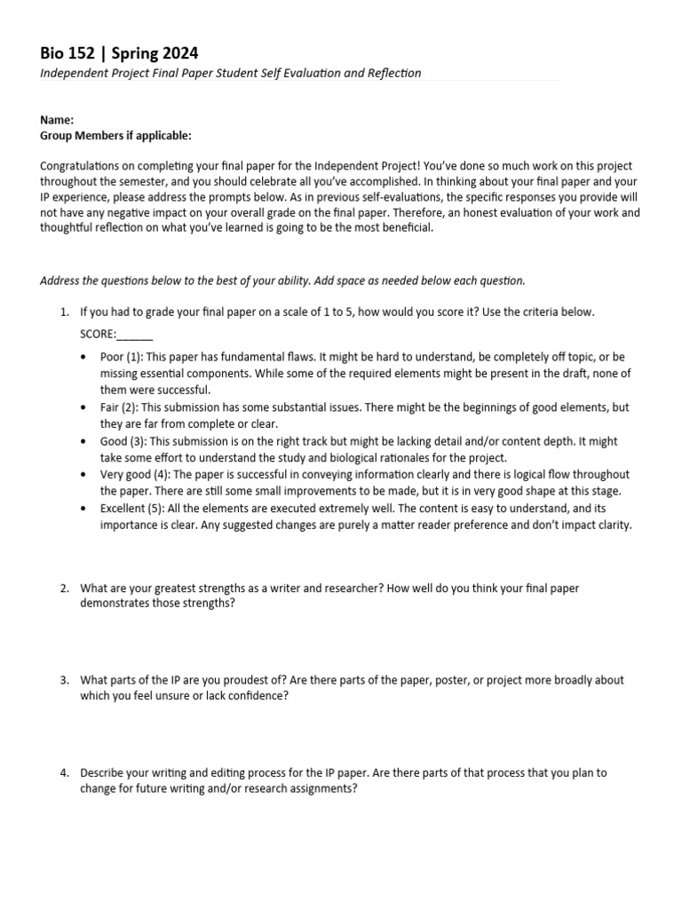 152-IP StudentSelfEvaluation FinalPaper-sp24 | PDF | Human Communication | Cognitive Science