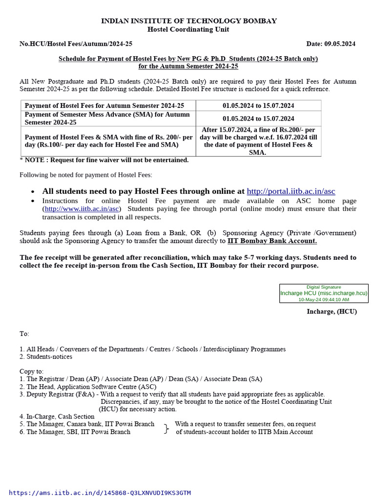 Hostel Fee Circular Autumn 24 25 For New PG. PH.D | PDF | Fee | Banks