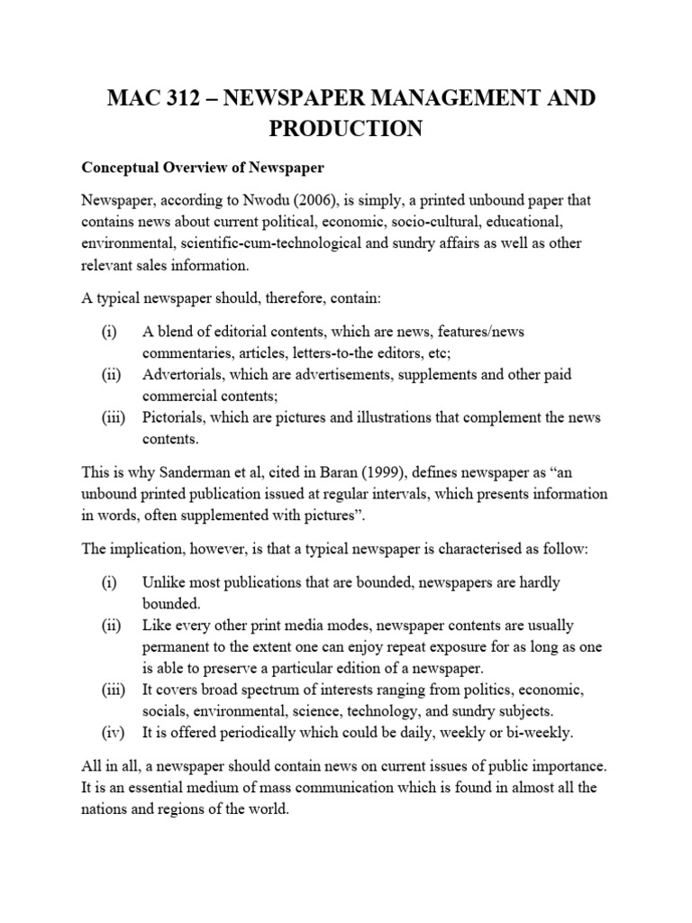 Newspaper Management and Production Overview | PDF | Editing | Newspapers