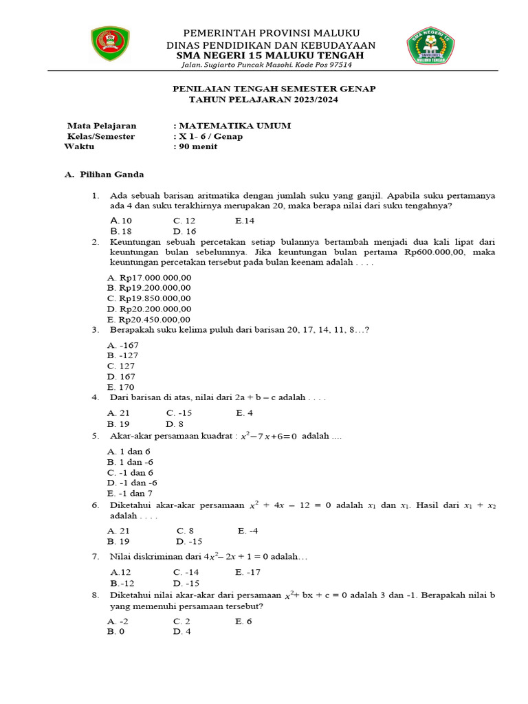 Soal PTS Matek Umum X 1-6 Kumer Genap 2023-2024 | PDF