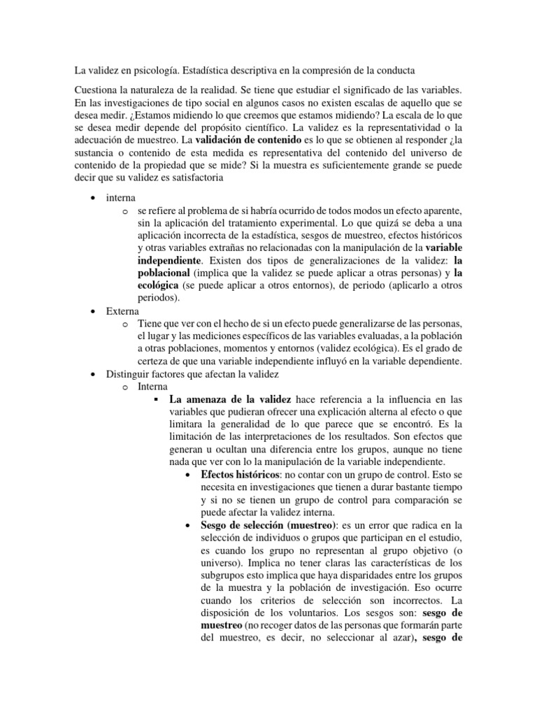 La Validez en Psicología. Estadística Descriptiva en La Compresión de ...