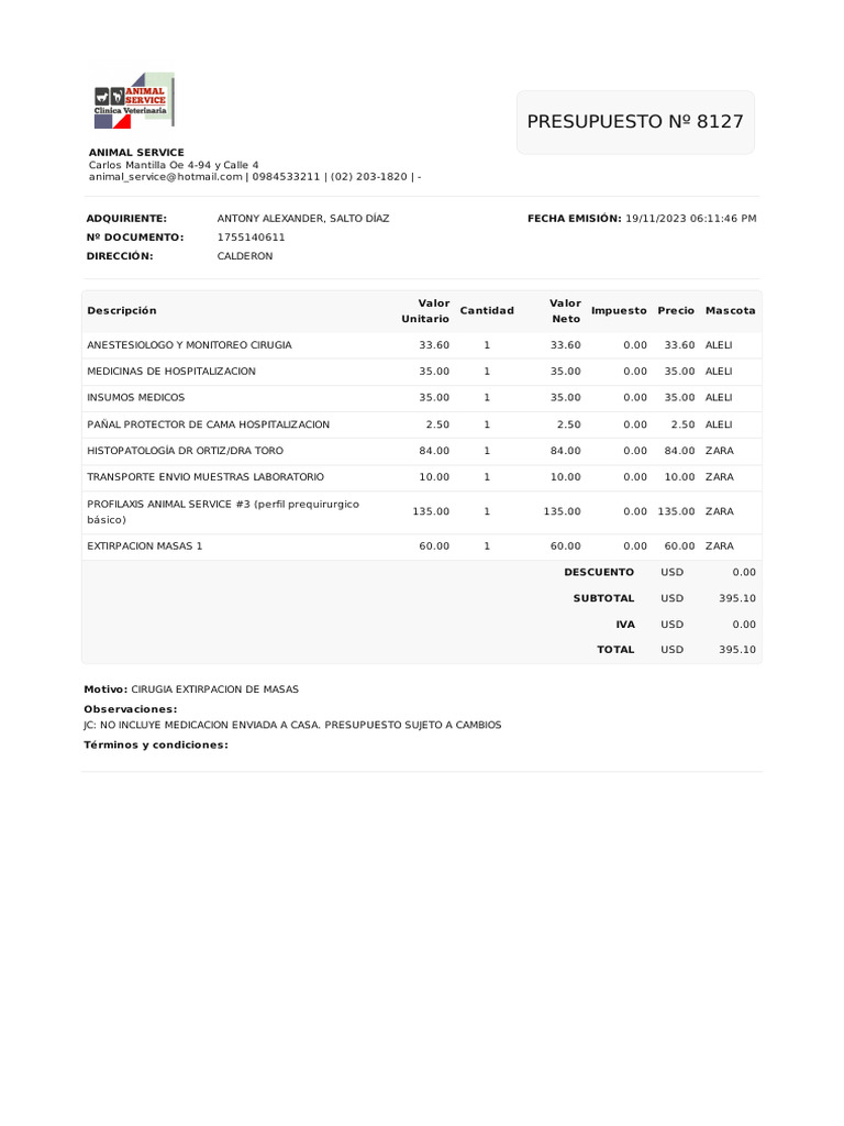 Presupuesto Cirugia Extirpacion de Masas + Profilaxis + Histopatologico ... Presupuesto Cirugia Extirpacion de Masas + Profilaxis + Histopatologico ...