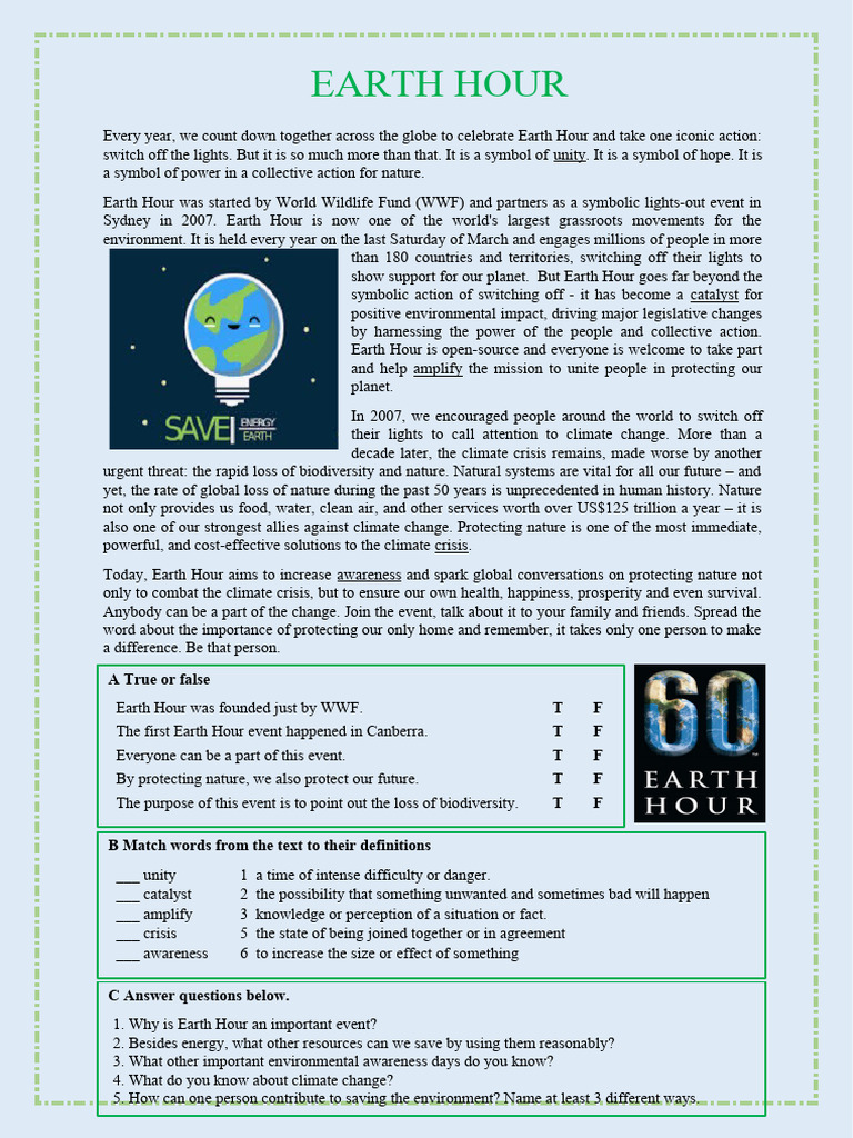 Earth Hour Reading Comprehension Exercises - 134356 | PDF | Nature ...