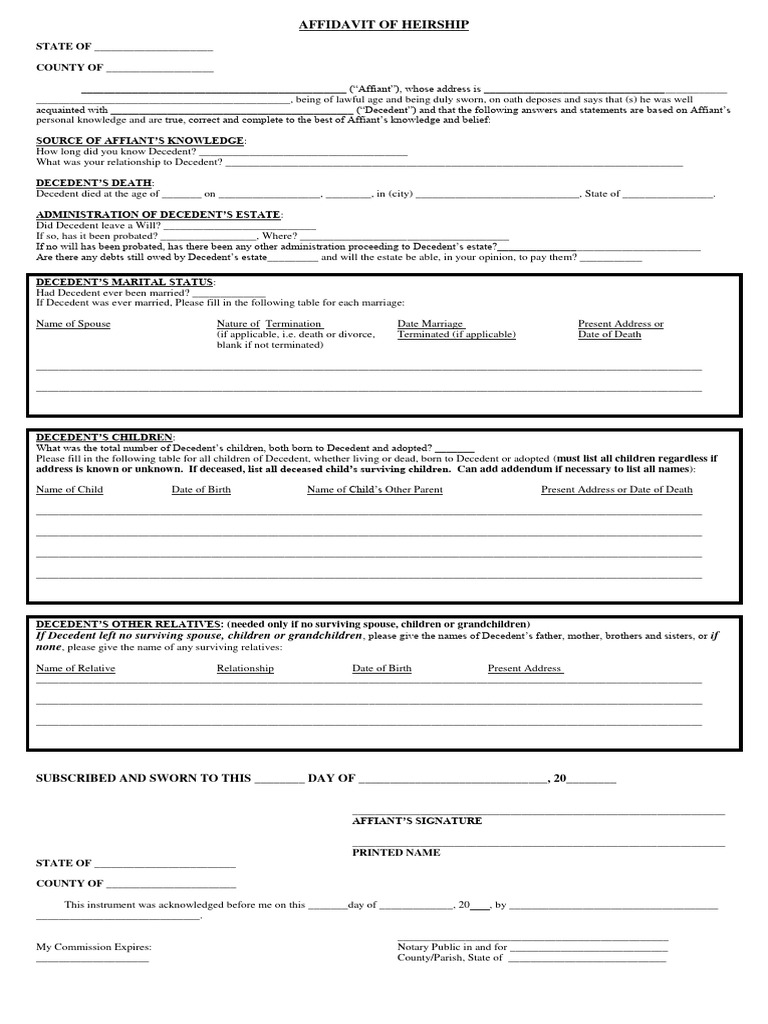 Affidavit of Heirship | PDF | Affidavit | Probate