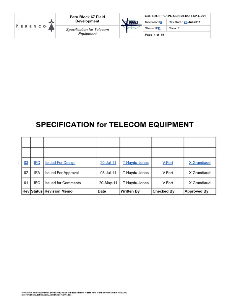 PP67-PE-GEN-00-DOR-SP-L-001 - Rev03 - Specification For Telecom Equipment | PDF | Optical Fiber ...