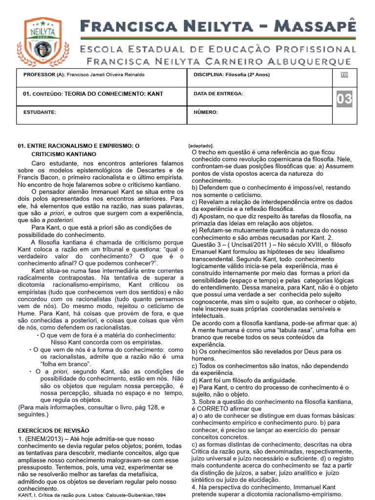 Criticismo Kantiano: Racionalismo e Empirismo | PDF | Immanuel Kant ...