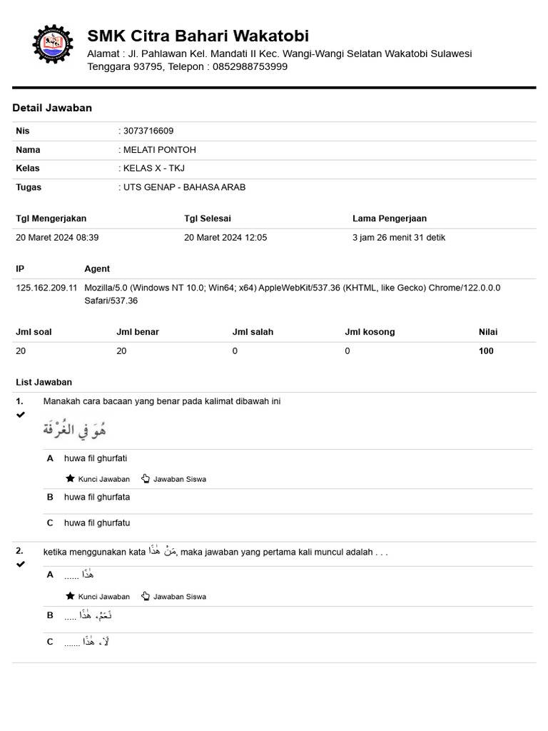 UTS Bahasa Arab Kelas X TKJ | PDF