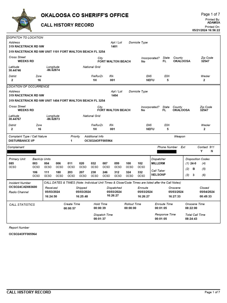 Okaloosa County Sheriff's Office Call History Record | PDF