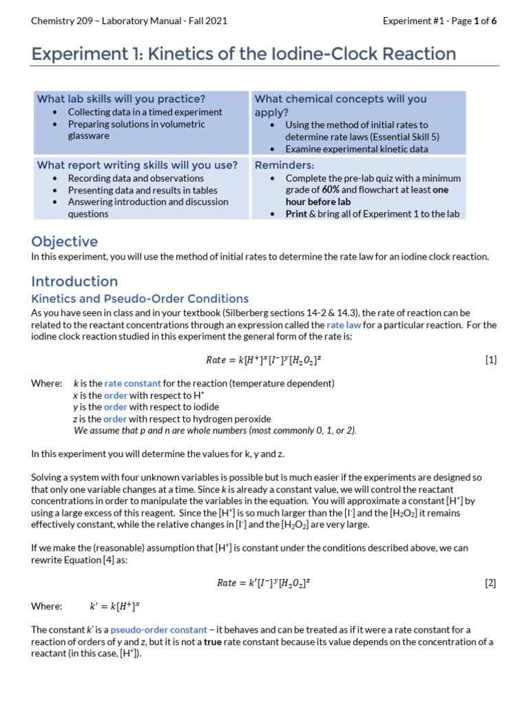 CHEM 209 Experiment 1 Procedure F21 | PDF | Chemical Kinetics ...