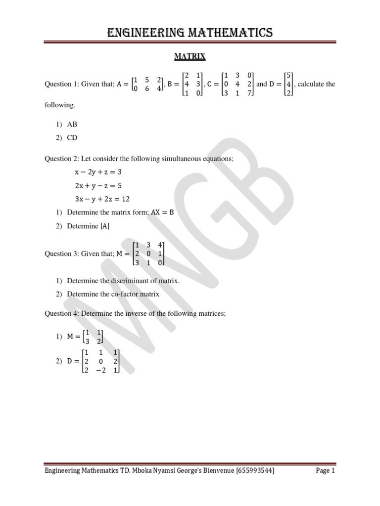 Engineering Mathematics TD | PDF | Matrix (Mathematics) | Eigenvalues And Eigenvectors