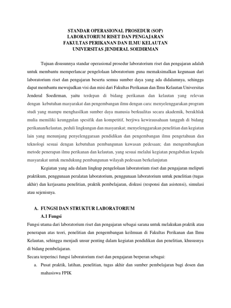 SOP Laboratorium Riset FPIK Unsoed | PDF