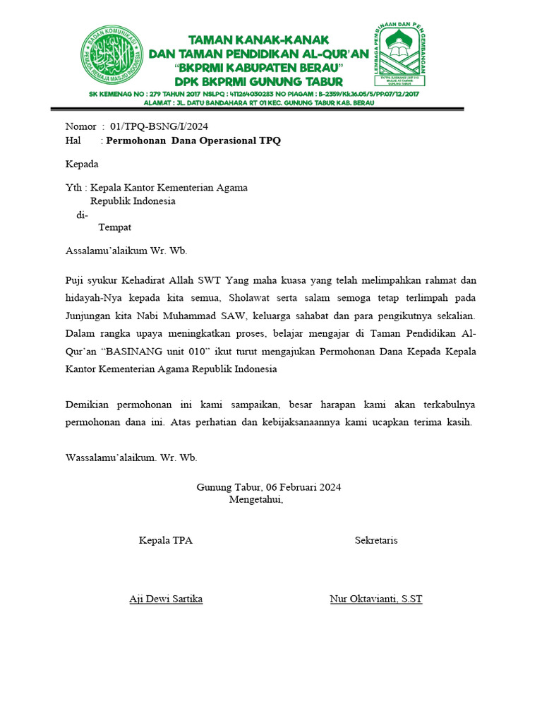 Permohonan Bantuan Dana Operasional TPQ | PDF