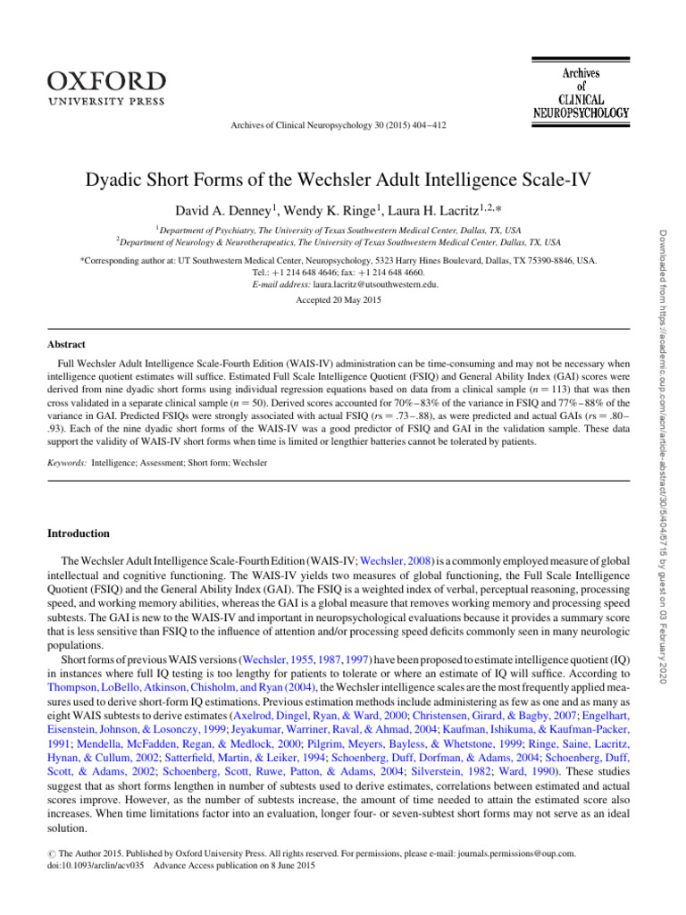 WAIS-IV Dyadic Short Forms Validation | PDF | Wechsler Adult ...