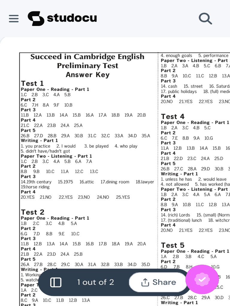 Answer KEY (TEST 1-5) - Succeed in Cambridge English Preliminary Test ...