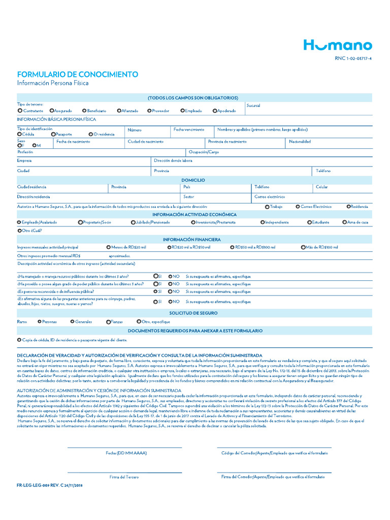 Formulario de Conocimiento Persona Física - Editable | PDF