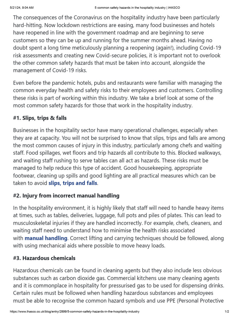 5 Common Safety Hazards in The Hospitality Industry - iHASCO | PDF ...