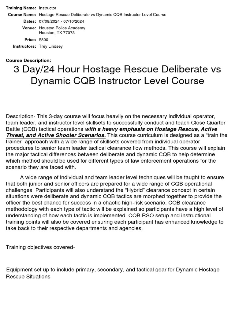 Hostage Rescue CQB Instructor Course | PDF | National Security | Military