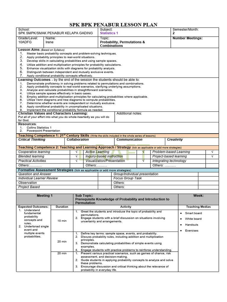 Lesson Plan - Irene | PDF | Probability | Learning