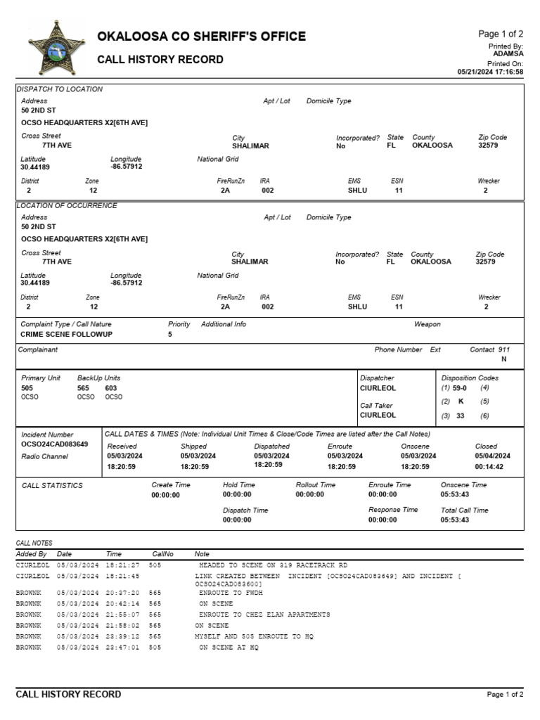 Okaloosa County Crime Scene Follow-Up | PDF