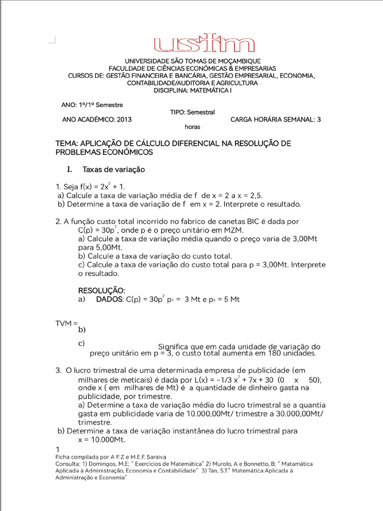 Ficha 11 Aplicão de Derivadas | PDF