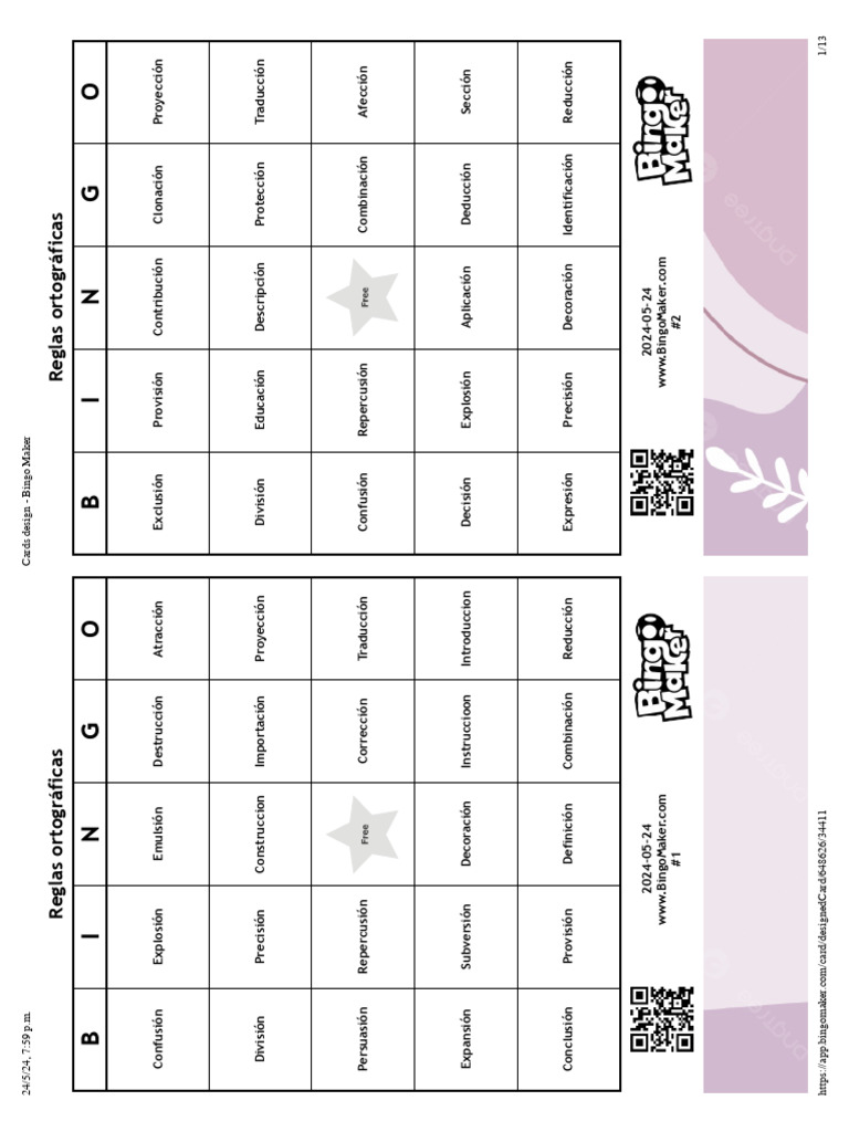 Bingo para Palabras Terminadas en Ción - Cción y Sión | PDF | Cognición