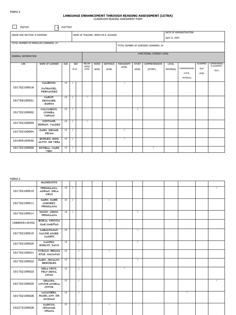 Post Test Form 2 - Classroom Reading Assessment Form | PDF | Human ...