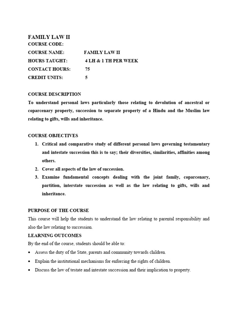 FAMILY LAW II- Course outline 2024 | PDF | Parent | Social Institutions