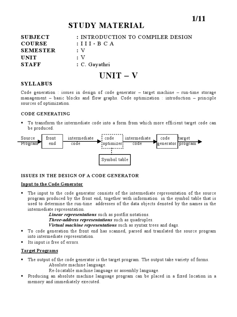 Unit - V: Study Material 1/11 | PDF | Compiler | Control Flow