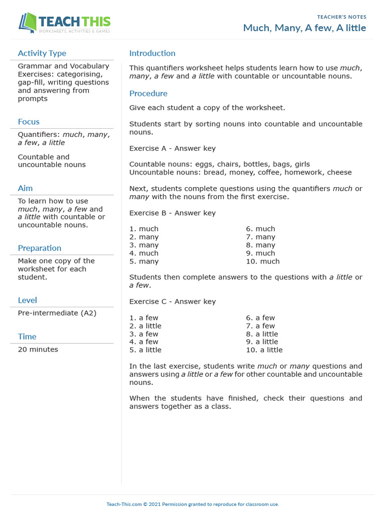 Quantifiers Worksheet: Much, Many, Few, Little | PDF | Noun | Morphology
