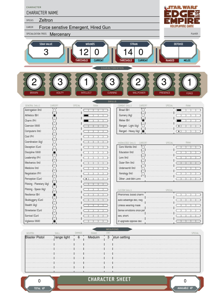 EoE Character Sheet Zeltron Jedi | PDF