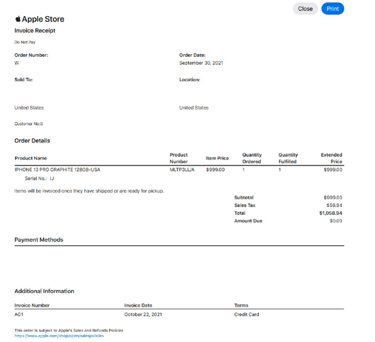 Apple Iphone 13 Pro 128gb Invoice | PDF