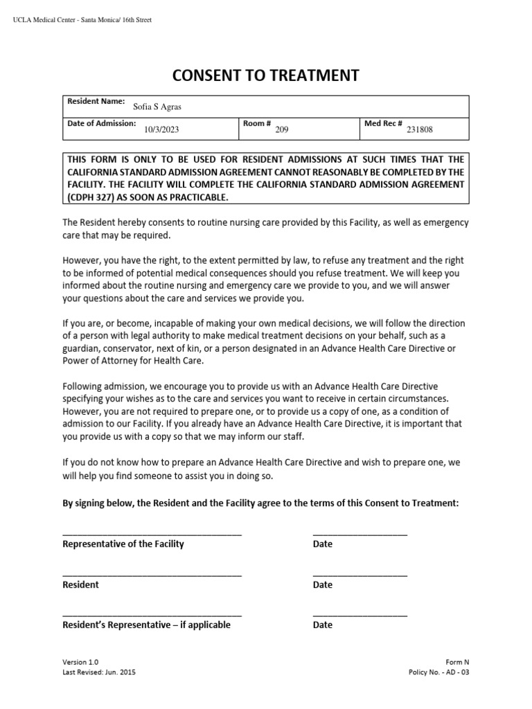Consent to Treatment Form for Residents | PDF | Informed Consent ...