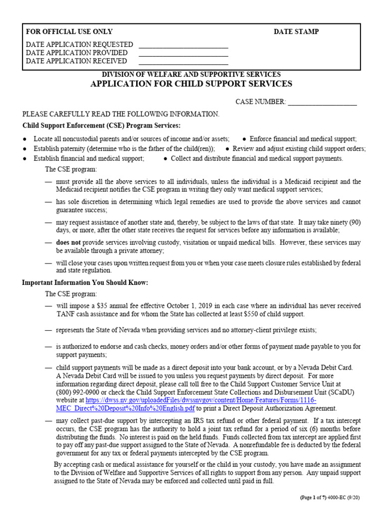 Application For Child Support Services With Payment Authorization and ...