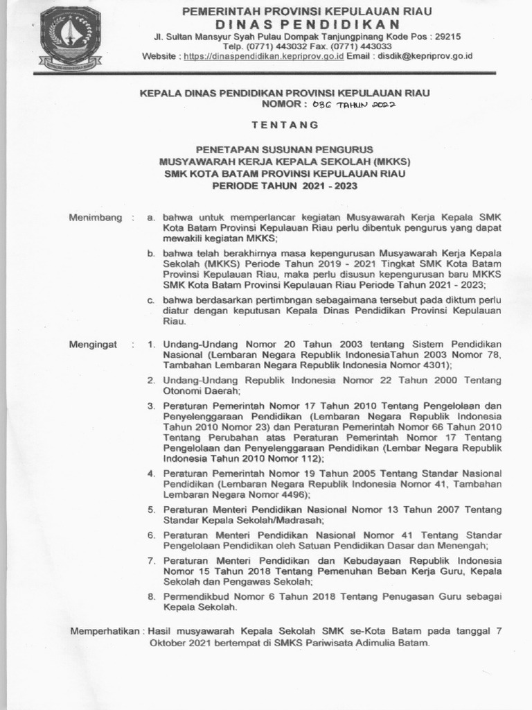 SK Penetapan Pengurus MKKS SMK Batam | PDF