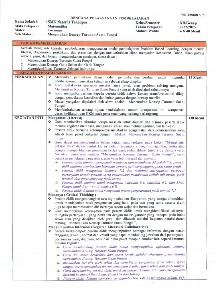 7 RPP Menentukan Konsep Turunan Suatu Fungsi Genap | PDF