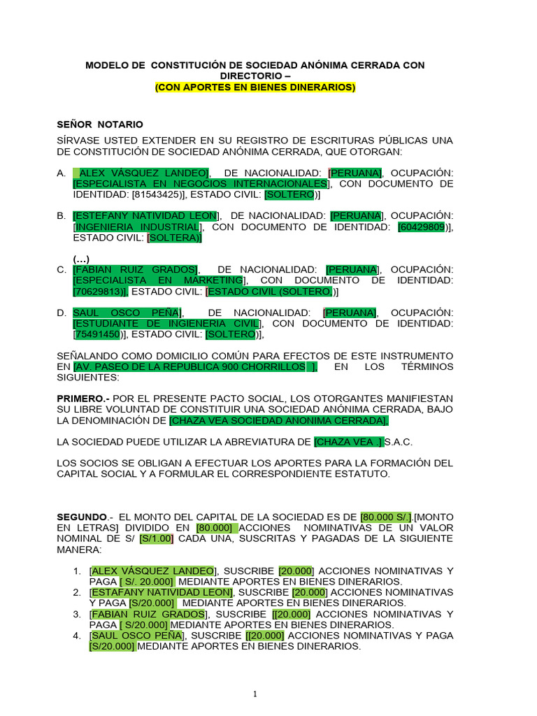 Minuta de Constitución de Una Empresa | PDF