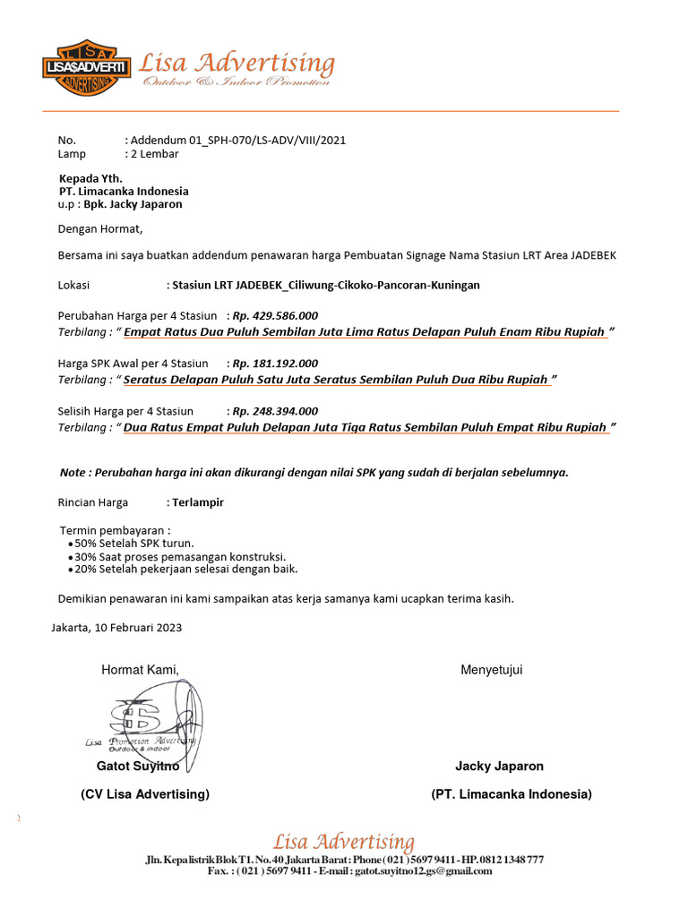 Addendum Perubahan Harga Lrt Nama Stasiun Lrt Lp2 Pdf