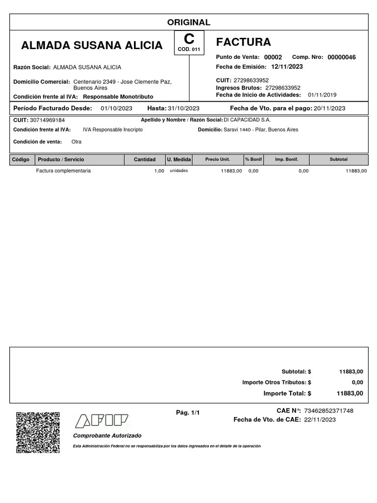 Factura C: Almada Susana Alicia | PDF | Factura | Documentos empresariales