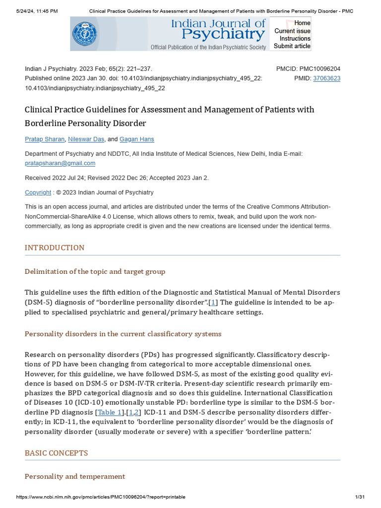 Clinical Practice Guidelines For Assessment and Management of Patients With Borderline ...