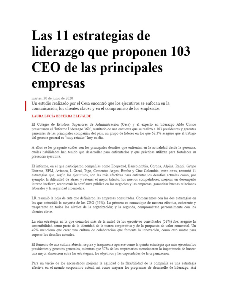 Las 11 Estrategias de Liderazgo Que Proponen 103 CEO de Las Principales ...