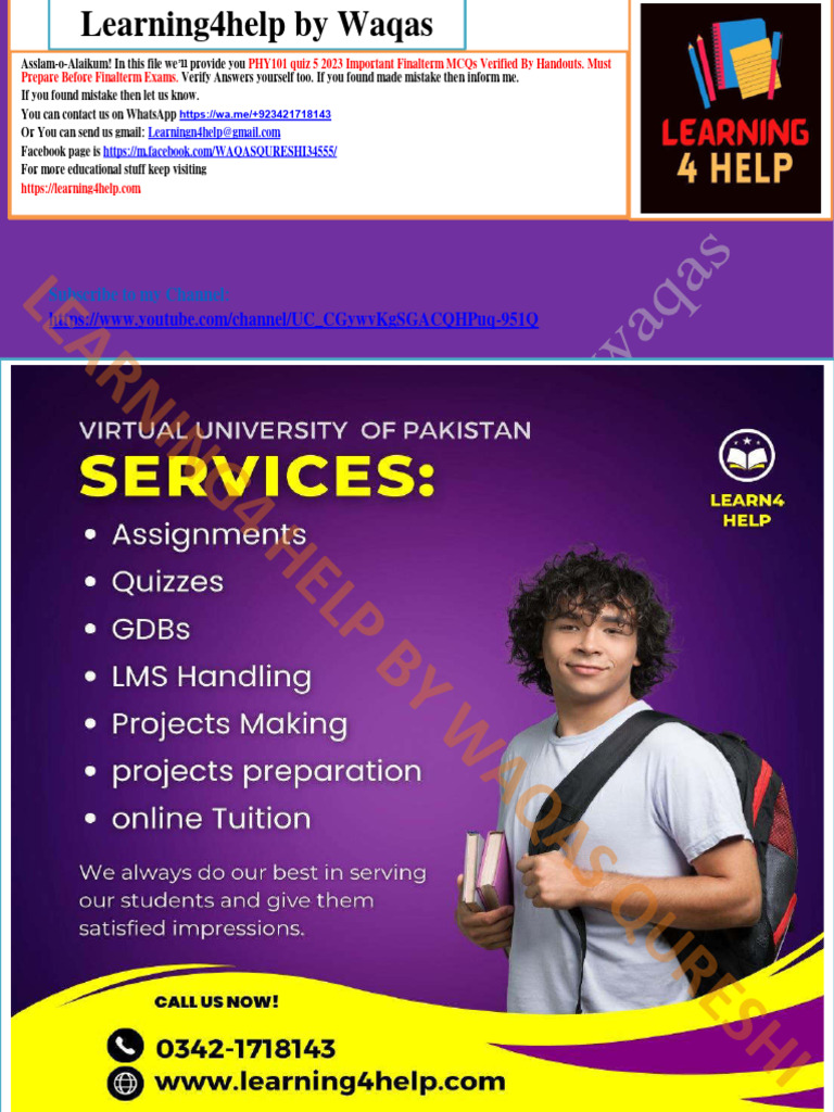 PHY101 Quiz 5 Fall 2022 Important MCQs by Learning4Help Waqas Qureshi-1 | PDF