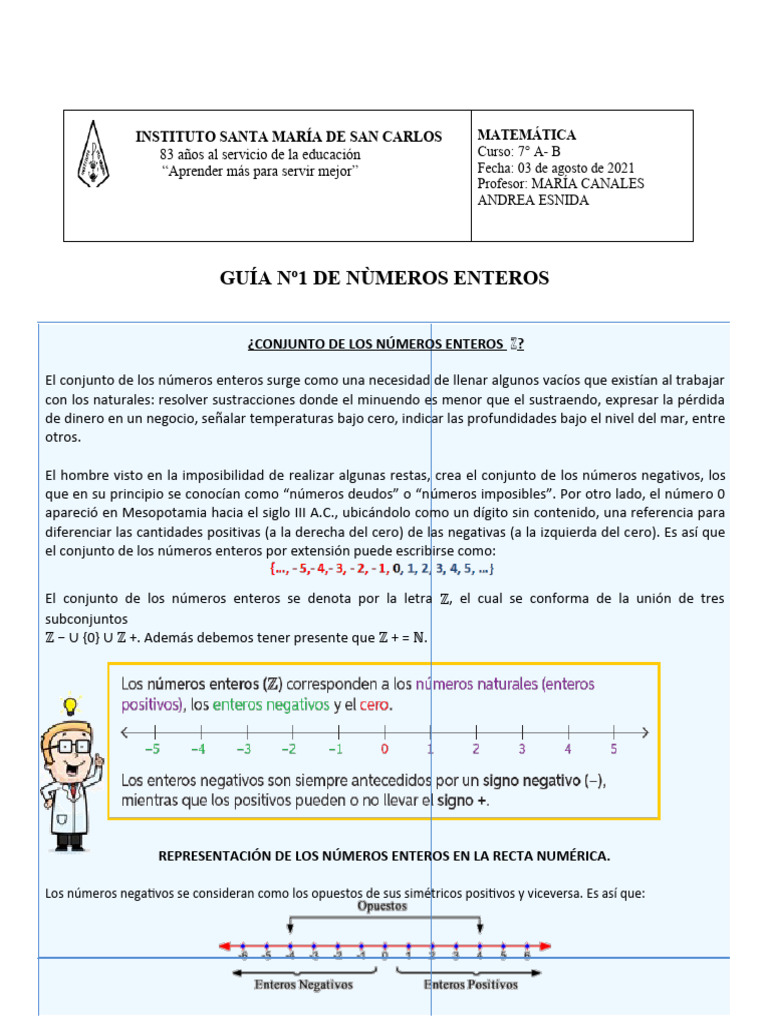 Guía Numeros Enteros Nº1 | Descargar gratis PDF | Entero | Sustracción