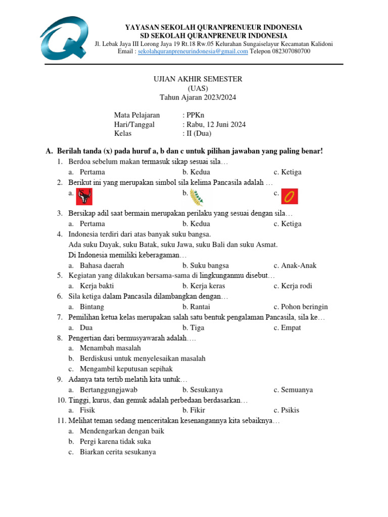 UAS PPKn Kelas 2 SD 2023/2024 | PDF