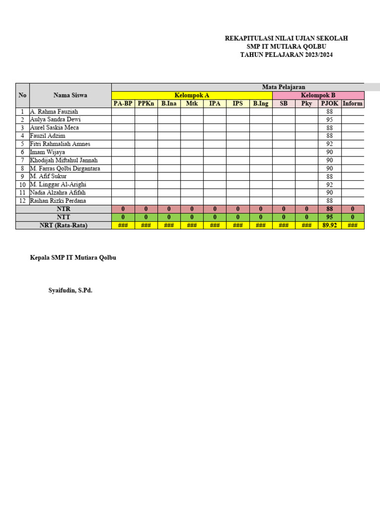 Rekapitulasi Nilai Us 2024 | PDF